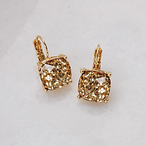 Gold Square Earrings for Women - Gold Sparkly Earrings, Leverback Earrings, Sparkle Earrings, Gold-Tone Glitter Earrings, Gold Fashion Earrings, Square Gold Earrings, Gold Statement Earrings for Women
