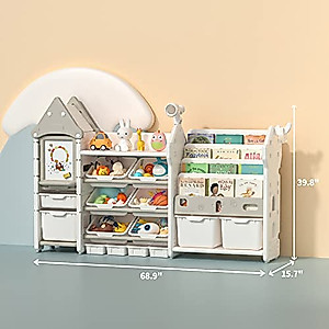 UNICOO - Kids Toy Storage Organizer and Children Bookshelf, with 14 Bins, Pull-Out Drawers Multipurpose Shelf for Toddlers to Organize Toys and Books (Magic Castle – White)