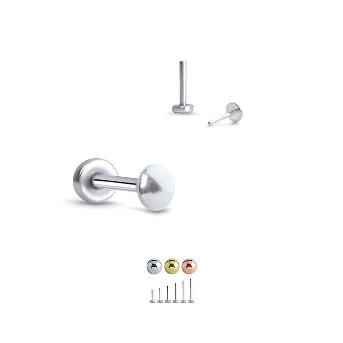 Gold-Tone 316 Stainless Steel Threadless Push Pin Nose Ring Labret Monroe Stud 2.5mm Flat Disc, 5/16" (8mm) Post Length 16G