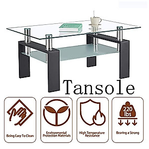 Rectangle Glass Coffee Table Metal Tube Legs End Table for Livingroom Tansole Black 39.4x23.7x17.7