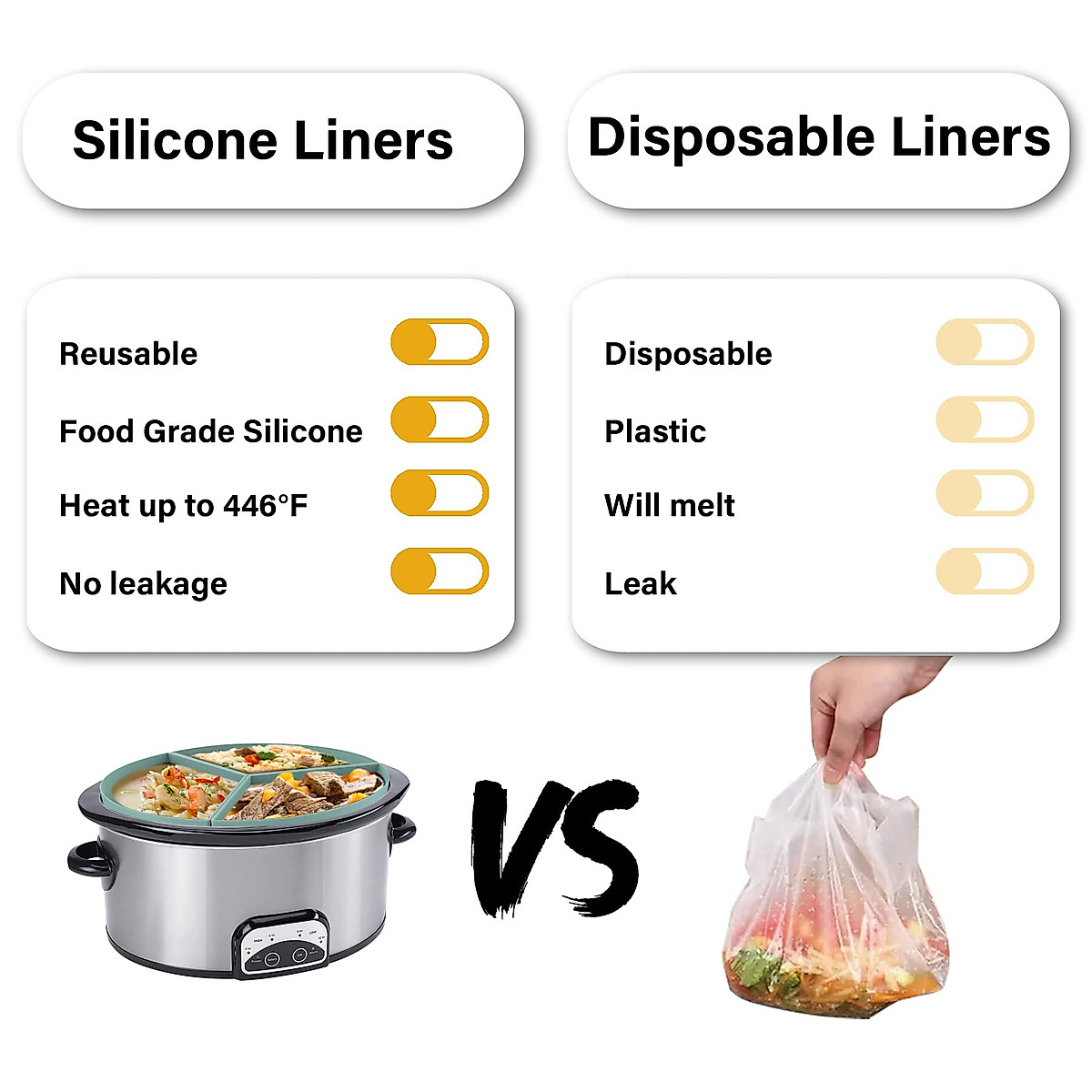 Slow Cooker Liners - Crock Pot Liners Silicone Insert Divider 3 IN 1, For 6 Quart Oval Slow Cookers, Reusable Silicone Slow Cooker Liner For Crock Pot Divider Insert, Dishwasher Safe BPA Free,7QT