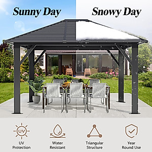 GARTOO 10' x 12' Patio Hardtop Gazebo - Outdoor Metal Hard Top with Breathable Mesh, Galvanized Steel Top Gazebo for Garden, Lawn, Outdoor Party (Black)