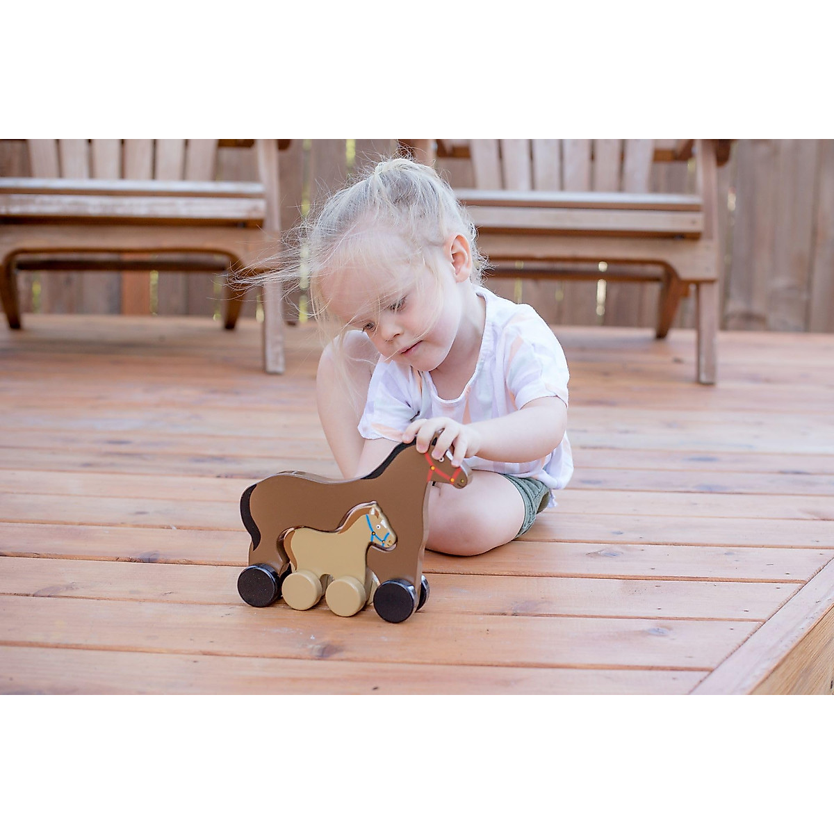 Jack Rabbit Creations Big & Little Horse Push Toy Adorable Nesting Animals Set is 2 Toys in 1 – Classic Rolling Wooden Toy – Develops Hand Eye Coordination & Motor Skills - Ages 18+ Months
