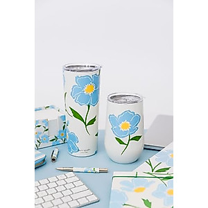 kate spade new york Insulated Stainless Steel Wine Tumbler, 16 Ounce Double Wall Tumbler, Blue Stemless Travel Cup with Lid, Sunshine Floral