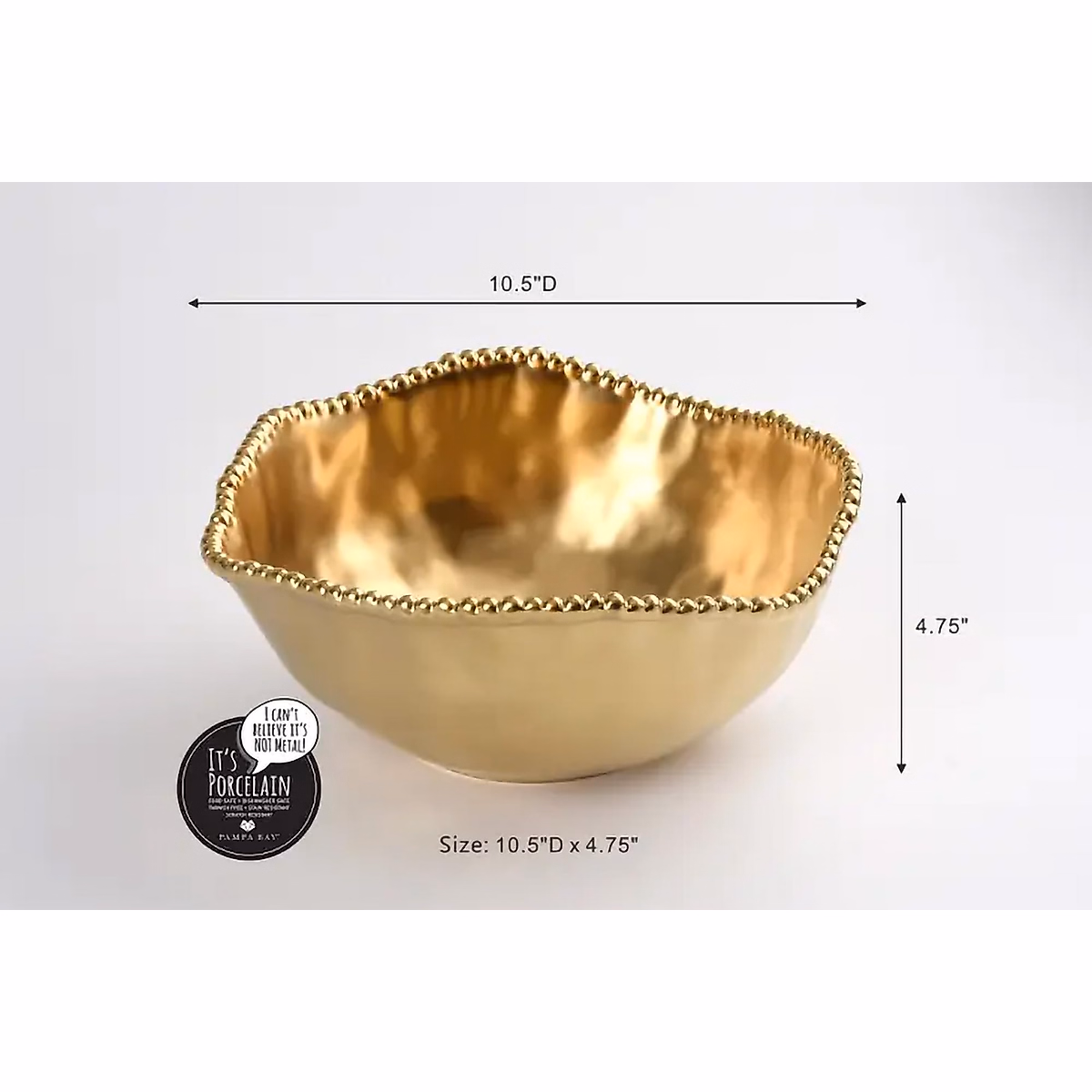 Pampa Bay Titanium-Plated Porcelain Large Salad Bowl, 10.5 Inch, Matte Gold Tone, Oven, Freezer, Dishwasher Safe, MCA1721