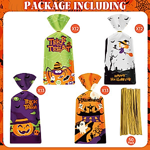 50 Pack Halloween Treat Bags - Plastic Halloween Goodie Bags, Happy Halloween Candy Bag, Trick or Treat Snack Gift Cellophane Bags with Twist Ties for Kids Halloween Party Birthday Supplies Favors