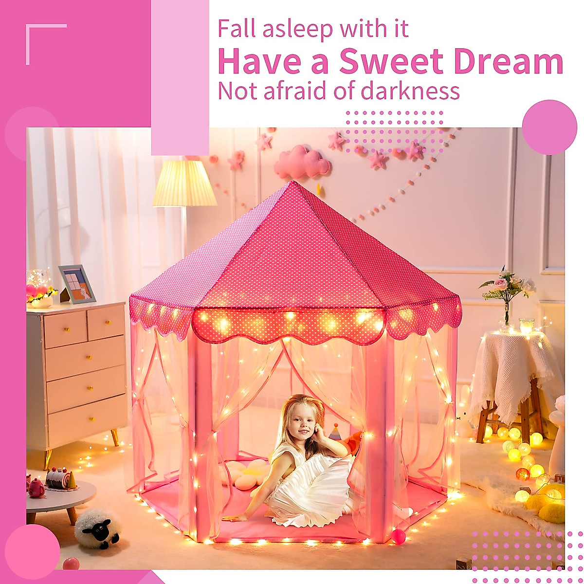 Sumbababy Princess Castle Tent for Girls Fairy Play Tents for Kids Hexagon Playhouse with Fairy Star Lights Toys for Children or Toddlers Indoor or Outdoor Games (Pink)