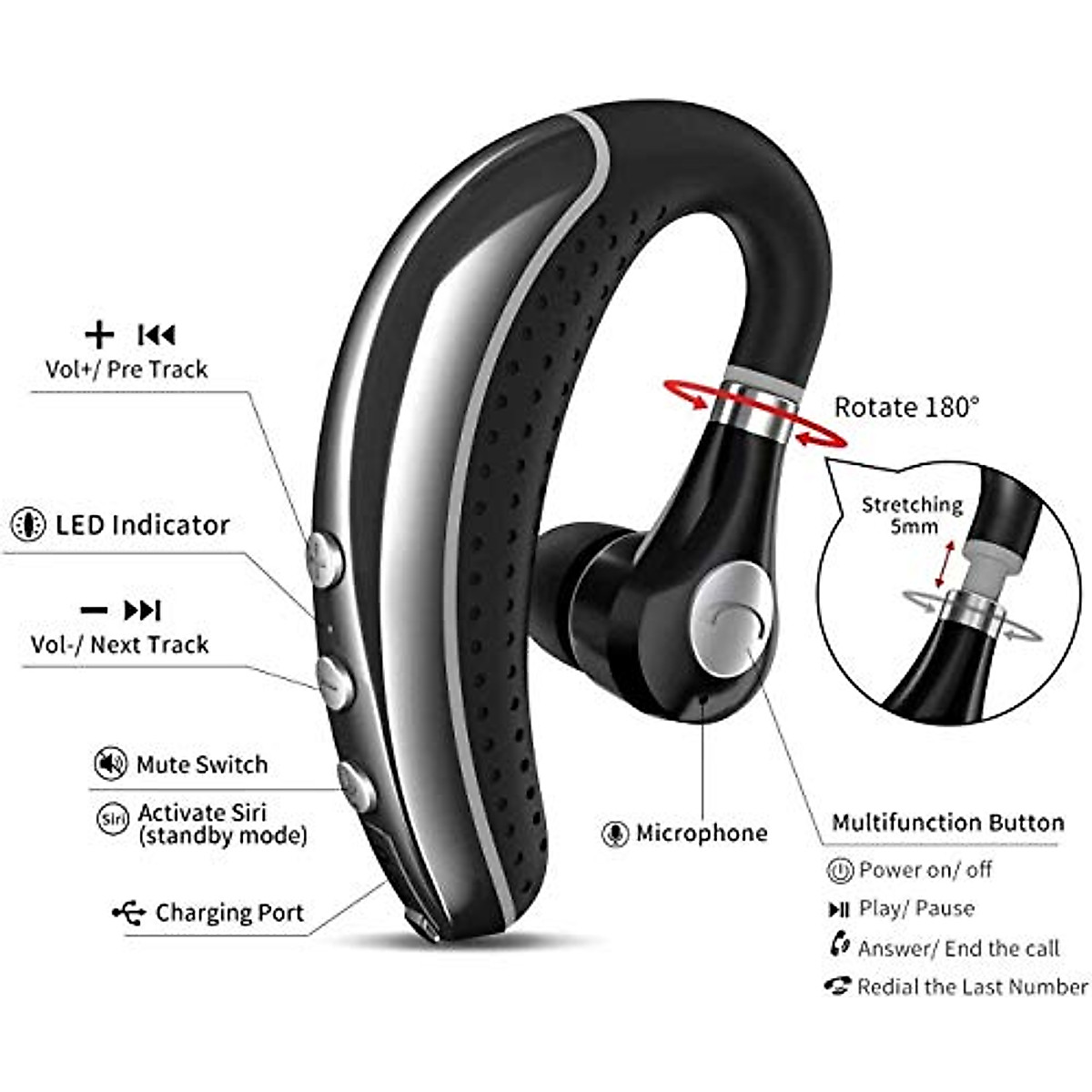 COMEXION Bluetooth Headset V5.0 Bluetooth Earpiece with Mic and Mute Key Wireless Noise Reduction Business Earphone for Driving/Meeting/Listening