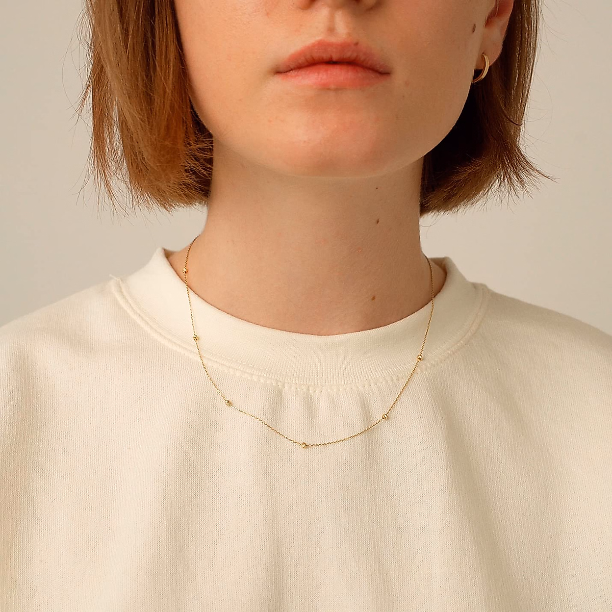 14k Real Gold Beads Station Necklace for Women | 14k Gold Ball Beads Station Necklaces | Beaded Pendant Necklace | Dainty Layering Jewelry | Gifts for Christmas, 18"