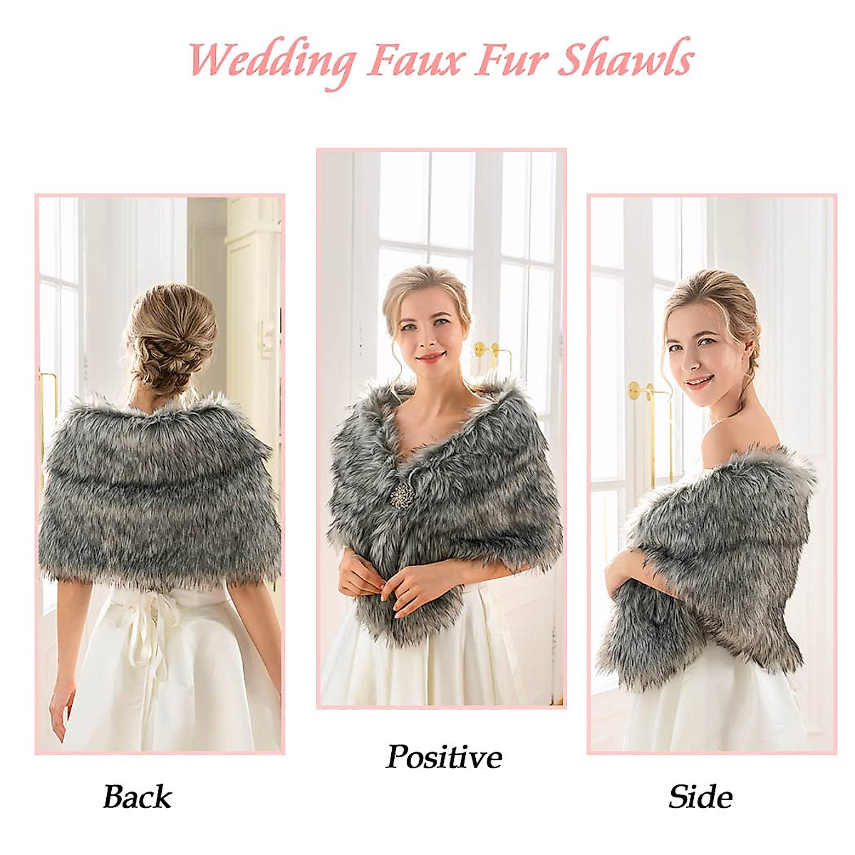 Chicer Wedding Faux Fur Shawl Bridal Faux Fur Shawl Wrap Stole Winter Faux Fur Coat for Bride and Bridesmaids(Grey)