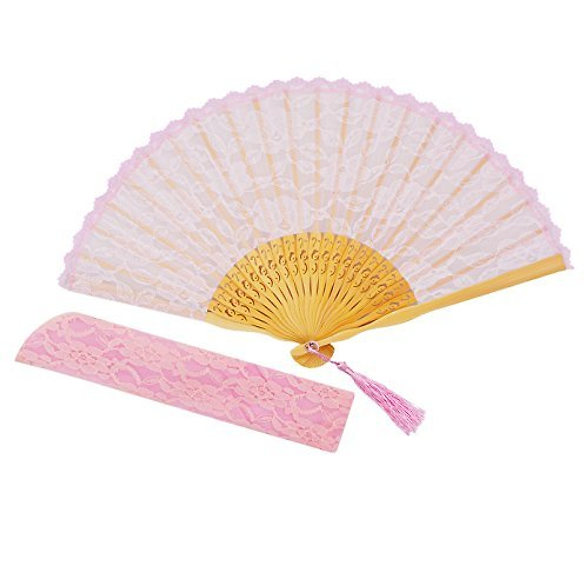 Womens Multi Color Handmade Cotton Lace Folding Hand Fan (Black-A) (6-pac)