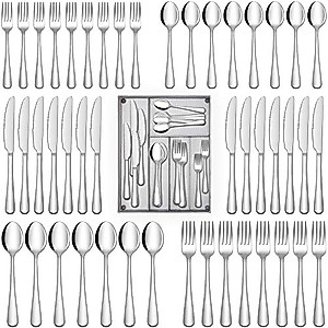 Hiware 40-Piece Silverware Set with Drawer Organizer, Flatware Sets for 8, Stainless Steel Cutlery Set with Tray, Utensils Tableware For Home Kitchen Restaurant Hotel, Mirror Polished, Dishwasher Safe