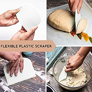 Sofease The Original Danish Dough Whisk - 304 Stainless Steel Ring Nonstick Dutch Whisk for Dough - Long Wooden Danish Dough Whisker Bread Mixer Handle Bundle with Flexible Plastic Scraper Cutter