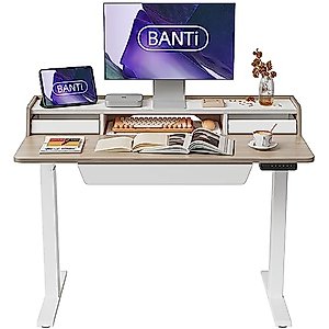 BANTI Height Adjustable Electric Standing Desk with Three Drawers, 48 x 25 Inch Table with Storage Shelf, Sit Stand Desk with Storage Space, Splice Board with White Frame/Light Walnut Top, 48 inch