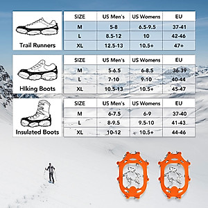 Crampons Ice Cleats Anti Slip Newest 28 Stainless Steel Spikes Suitable for All Boots Shoes Great Protect for Hiking Trekking Walking Jogging Climbing Mountaineering Fishing Men Women Kids(Orange, L)