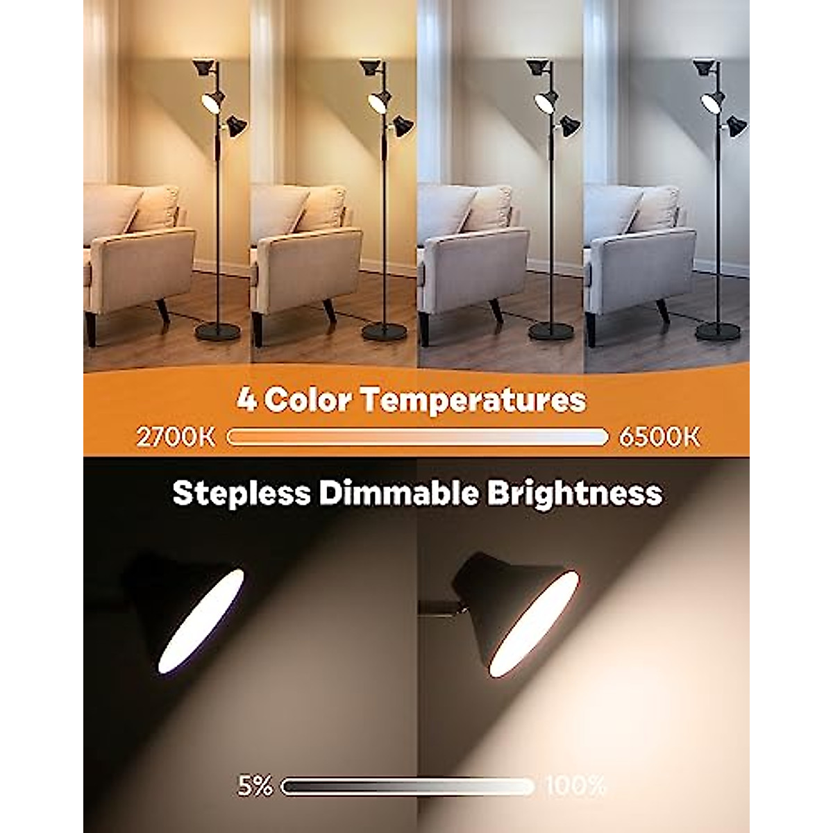 SIBRILLE [Upgraded] LED Floor Lamp, 36W Dimmable Standing Lamp with Remote & Touch Control, 2700K-6500K, Modern Tree Floor Lamp with 3 Rotatable Lights, Floor Lamps for Living Room, Bedroom, Office