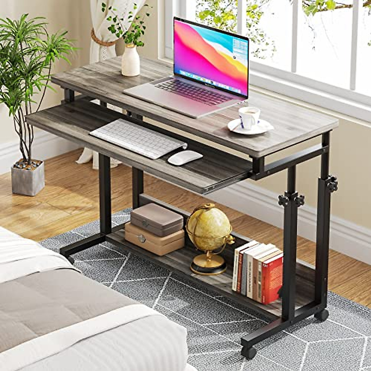 LITTLE TREE Portable Rolling Desk, Adjustable Height Small Standing Desk Computer Workstation with Keyboard Tray for Small Space