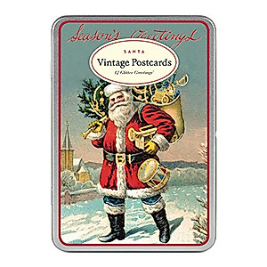 Cavallini Papers Vintage Santa Glitter Greetings 12 Assorted Glittered Postcards Per Tin