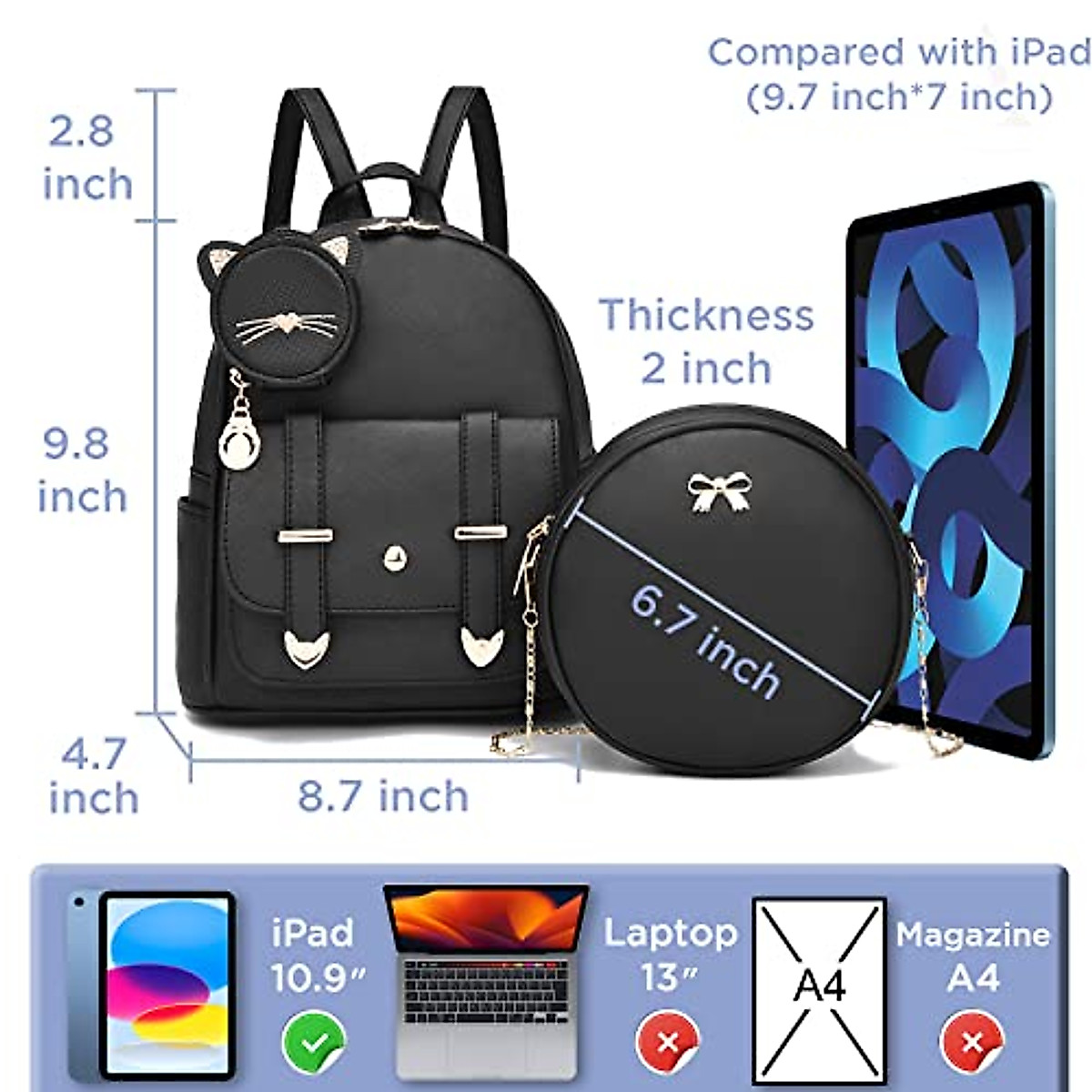 BESYIGA Girls Fashion Backpack 3PCS Mini Backpack Purse for Women Kids Backpack Purse PU Leather Travel Satchel Backpack Shoulder Bag Purple