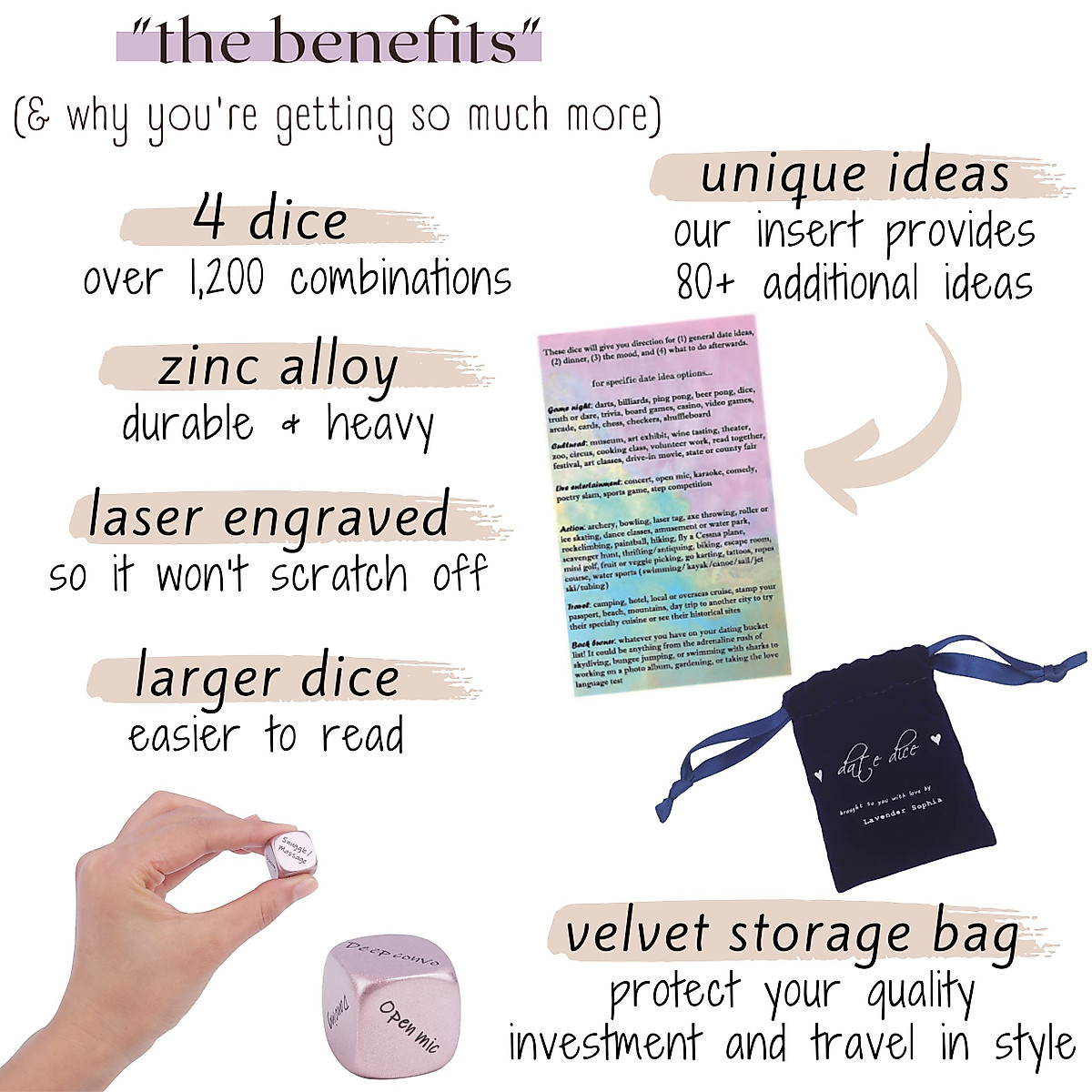 Lavender Sophia Date Night dice for Couples - Date dice for Couples Date Night Ideas - 100 Date Ideas for Couples Games Date Night Bucket List - Date Night Games for Couples Games