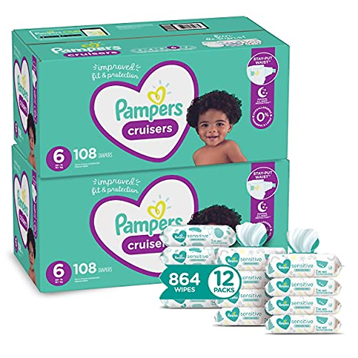 Pampers Cruisers Disposable Baby Diapers Size 6, 2 Month Supply (2 x 108 Count) with Sensitive Water Based Baby Wipes, 12X Pop-Top Packs (864 Count)