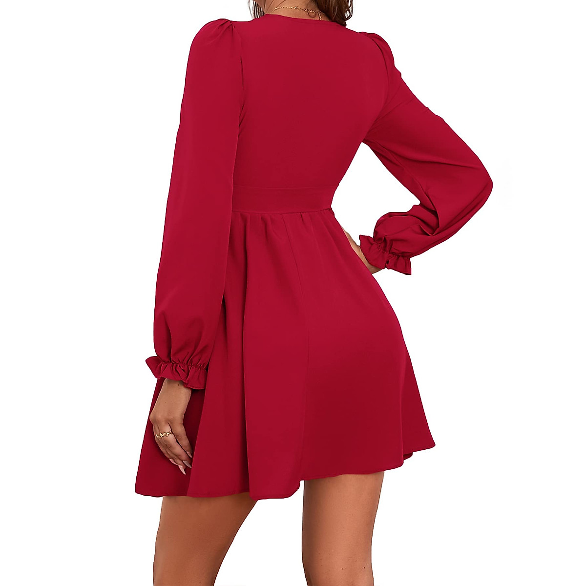 Umenlele Women's V Neck Ruched Ruffle Puff Long Sleeve Cocktail Flowy Mini Short Dress Cherry Small
