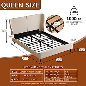 PINJU Queen Upholstered Platform Bed with Wingback Rounded Headboard, Solid Wood Slat Support, Easy to Assemble and No Noise Free (QUEEN, Beige)