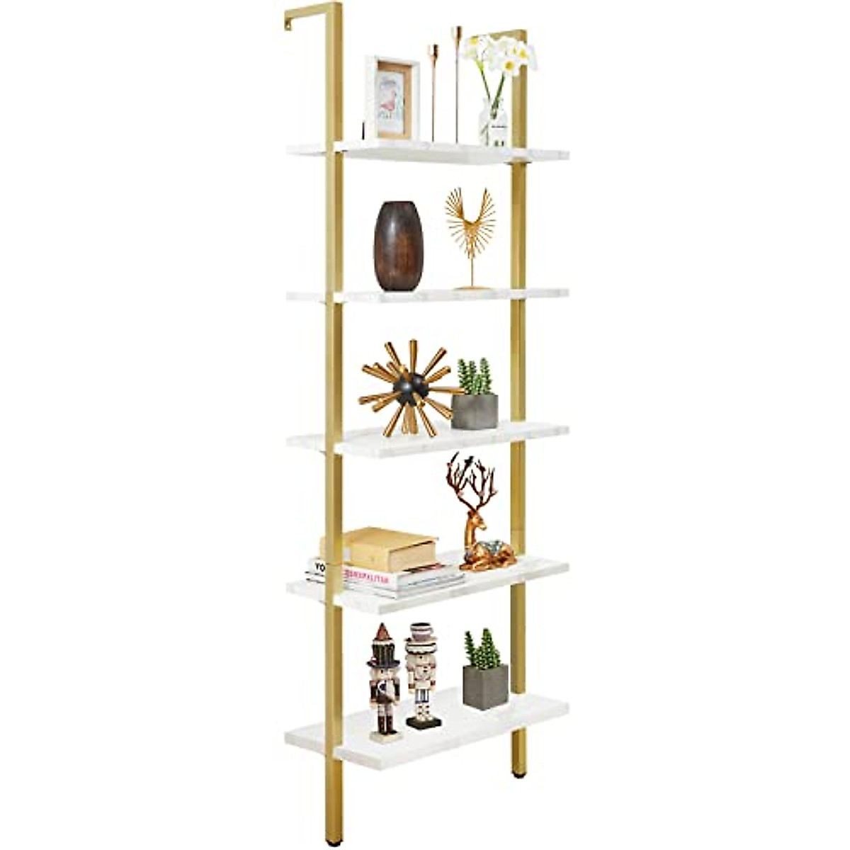 SUPERJARE Vanity Desk, Makeup Vanity with Stool & Tri-fold Lighted Mirror and Modern Ladder Shelf, 5-Tier Open Wall-Mounted Bookshelf with Stable Metal Frame