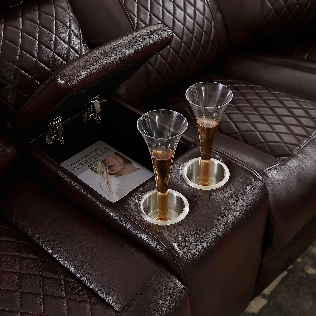 Tulib L Shape Manual Sectional Sofa with 4 Cup Holders and Storage Box, PU Leather Symmertrical Reclining Couch w/Console & Chaise, 5 Seater Furniture Set, for Theater, Living Room, Guestroom, Brown