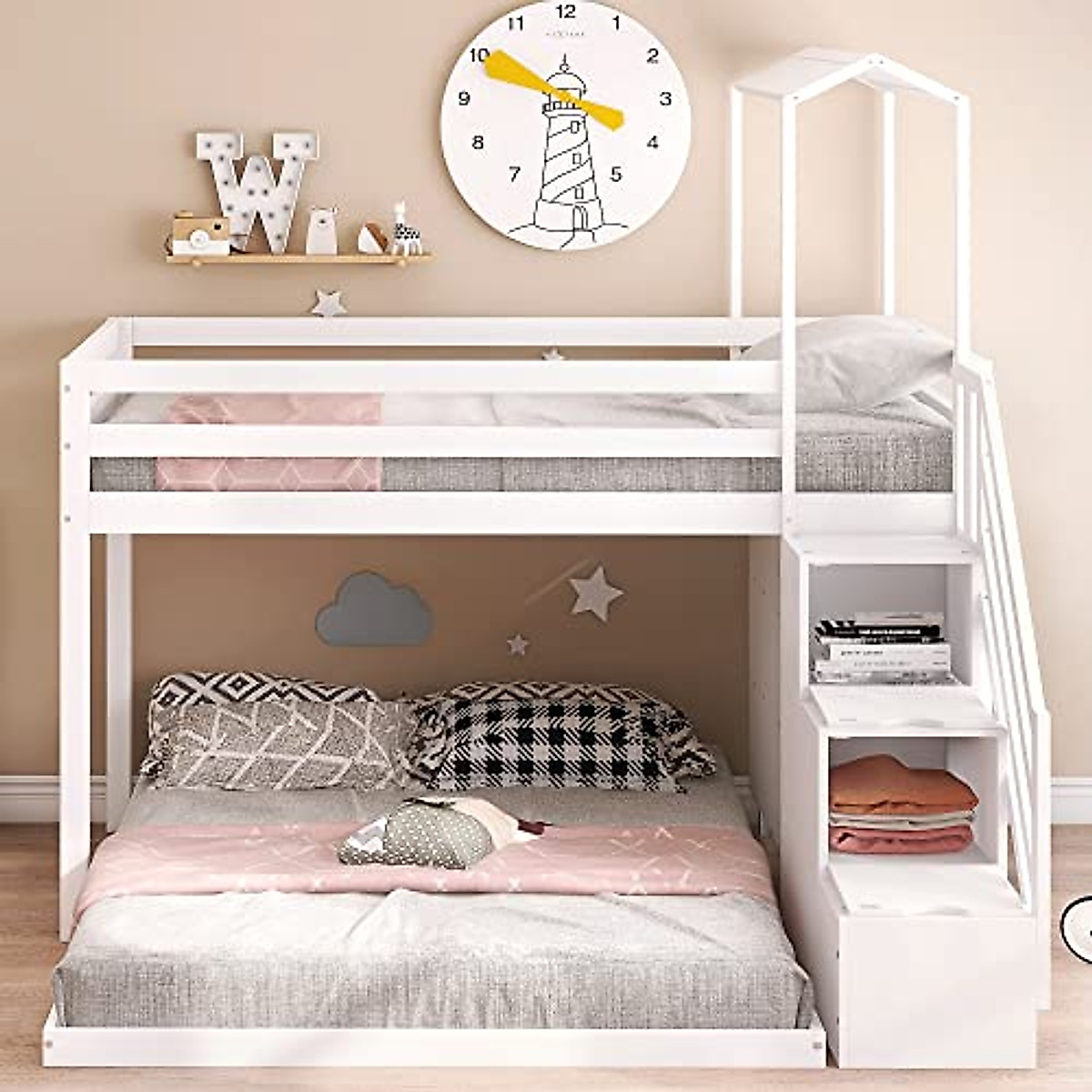 P PURLOVE Twin Over Full Bunk Bed, Wooden Bunk Bed Frame with Storage Staircase and Removable Storage Shelf, with guardrail and Separate Platform Bed, White