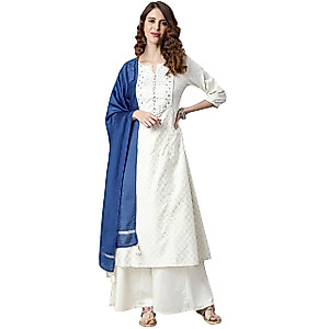 Janasya Indian Women's Off- White Yoke Printed Poly Silk Kurta with Palazzo and Dupatta