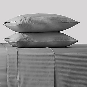 Feather & Stitch 500 TC Full Size Damask Bed Sheet Set, 100% Cotton Soft Breathable Bedsheets, 4 Piece 18" Deep Pockets Sateen Weave Striped Bedding Mattress Resort Hotel Luxury- (Grey, Full)