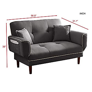 Convertible Futon Sofa Bed with 2 Pillows, Sleeper Sofa Futon Couch, Recliner Couch with Adjustable Armrest and Wood Legs, Living Room Sofa with 5-Angle Backrest for Small Space (Grey)