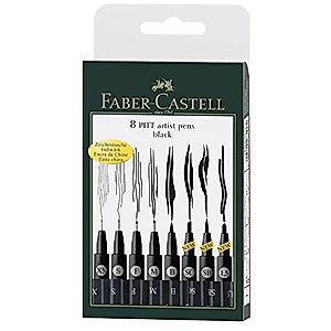 Faber-Castell Pitt Artist Pen Pack of 8 Assorted Sizes, 8 Black, 8 Count