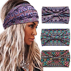 Aceorna Boho Headbands Wide Knotted Hairbands Stretch Printed Head Bands Bohemia Head Wraps for Women 3 Pcs (Set A)