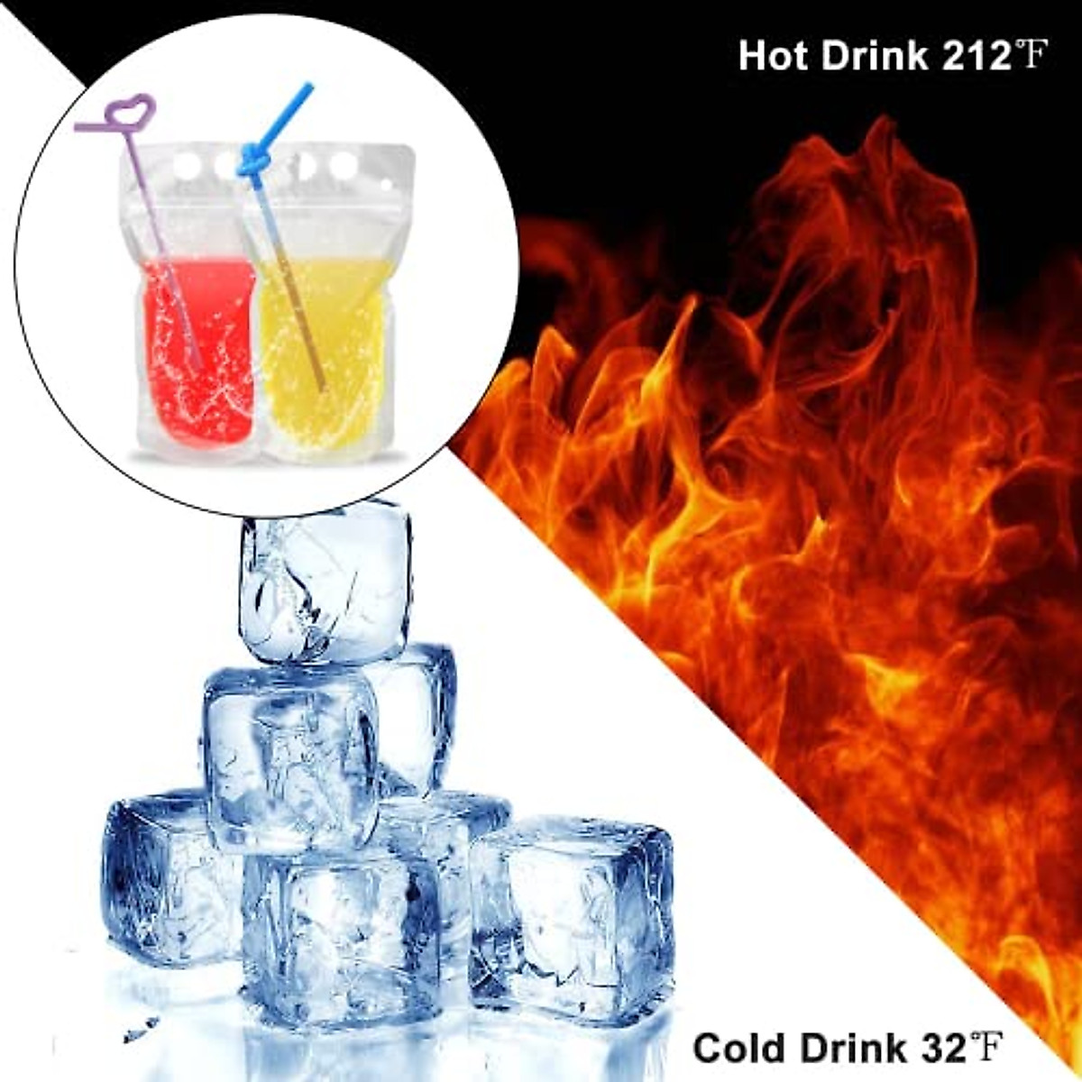 100PCS Drink Pouches with 100 Drink Straws, Reusable Smoothie Bags Juice Pouches, Heavy Duty Hand-Held Translucent Reclosable Zipper Plastic Ice Drink Pouches for Adults and Kids