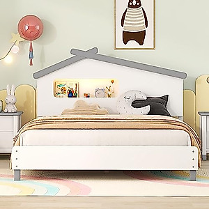 Full Size House Bed Frame for Kids,Full Size Kid Bed Frame with Headboard for Teens Girls Boys,Wood Bed with House-Shaped Headboard and Motion Activated Night Lights,No Box Spring Needed, White+Grey
