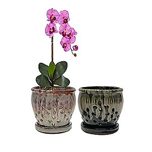 Orchid Pots with Holes 4.33 inch Ceramic Orchid Planter White and Black (Set of 2)