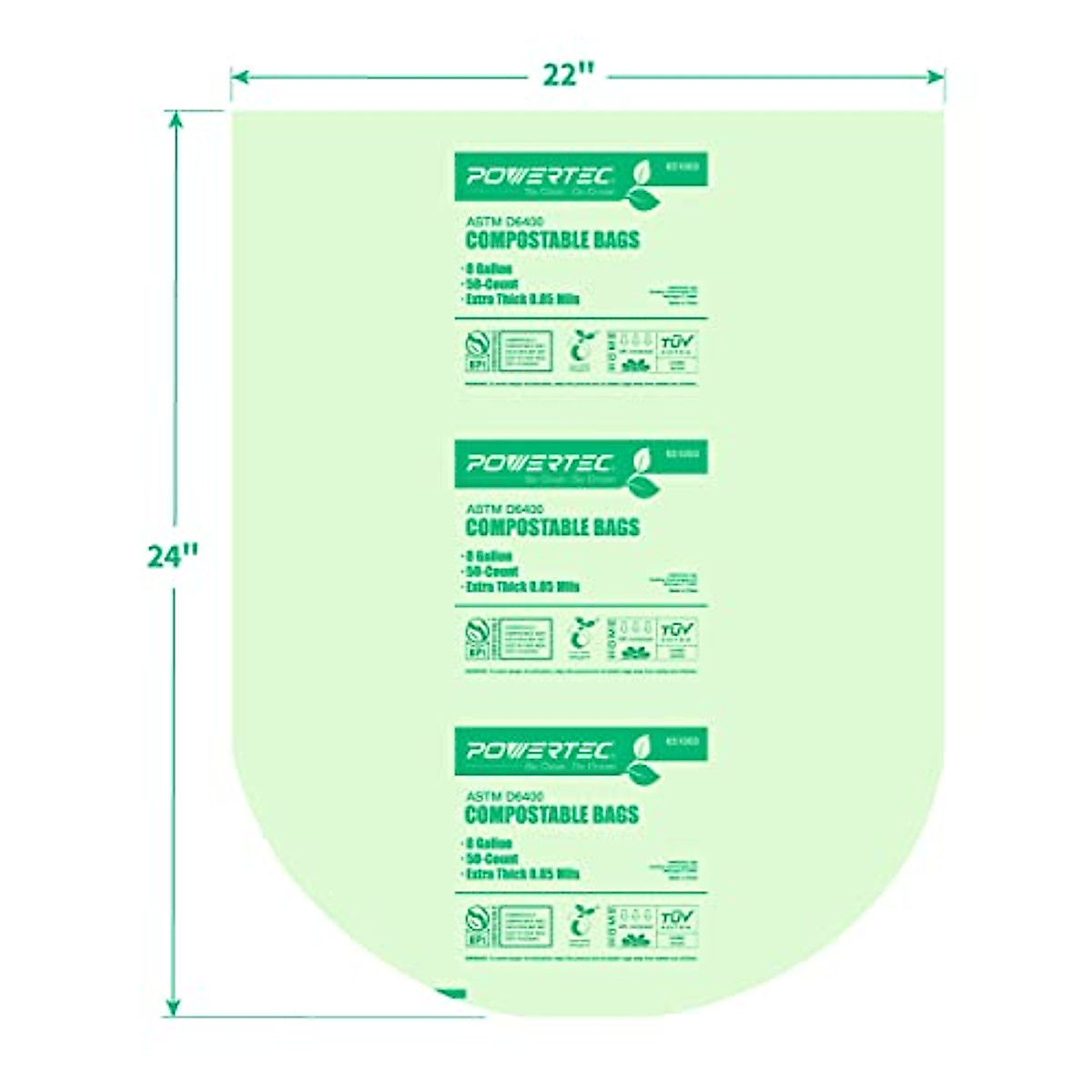 POWERTEC 100% Compostable Bags, 8 Gallon (30 Liter), 50 Count | Extra Thick 0.85 Mil Kitchen Food Scrap Waste Bags, ASTM D6400, US BPI and European OK Compost Home Certified