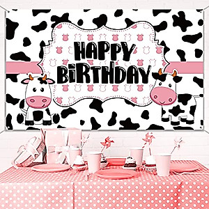 Cow Birthday Party Supplies Funny Cow Party Decorations Backdrop Cow Themed Birthday Banner Happy Birthday Photography Background for Farm Birthday Party Farm Animal Theme Party Favors, 71 x 43 Inch