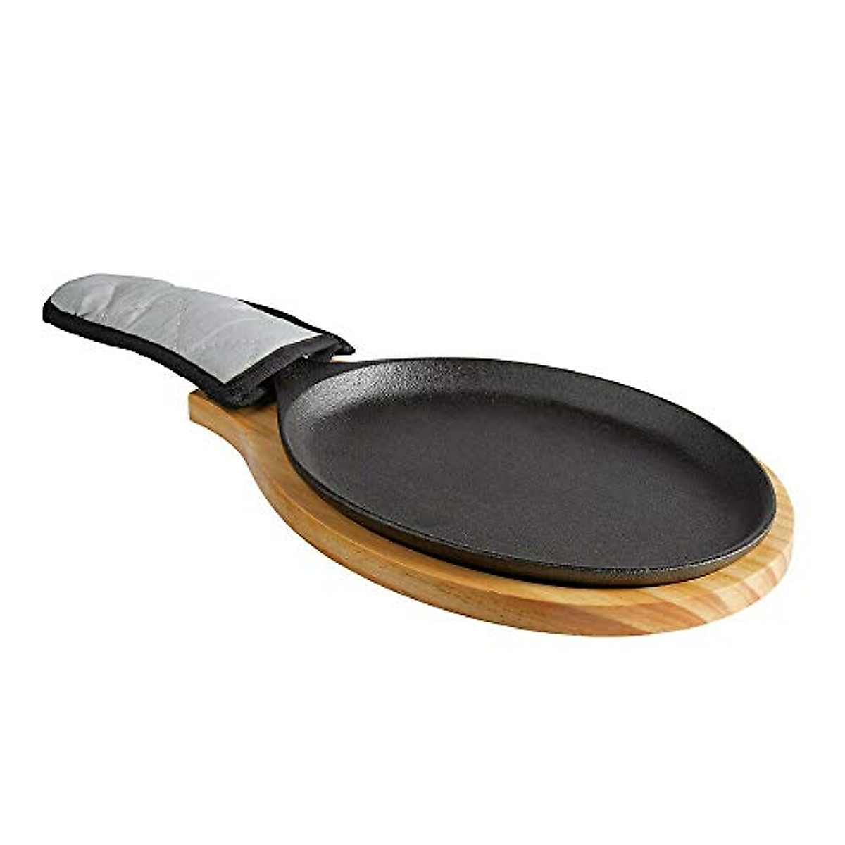 Choice 9 1/4" x 7" Oval Cast Iron Fajita Pan Set with Wood Serving Underliner (Black)