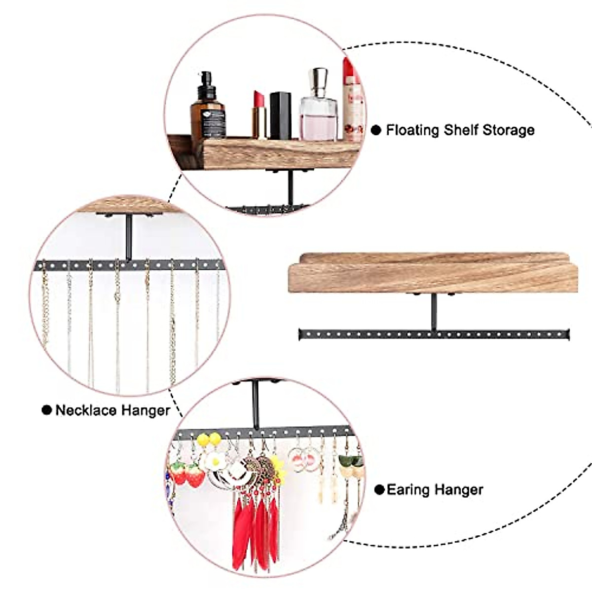 Miratino Jewelry Organizer Hanging Jewelry Holder Rustic Wood Wall Mounted Jewelry Storage for Necklaces Bracelets Earrings Rings Display Set of 3 Carbonized Black