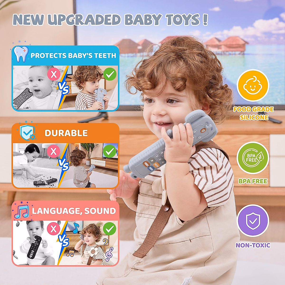 KIRALUMI Baby Remote Control Toy with Silicone Teether Cover - Baby Musical Toys, Early Number Learning in 3 Languages (English, Spanish & French), Preschool Boys Girls Toys Gift 6, 12, 18 Months.