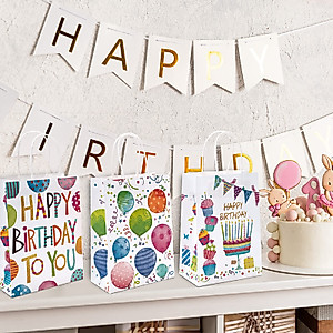 AnyDesign 12Pcs Birthday Gift Bag with Handle Colorful Happy Birthday Paper Favor Bags Watercolor Candle Balloon Cupcake Print Party Bags for Baby Shower Girls Boys Candy Cookie, 5.9 x 8.3 x 3.1 In