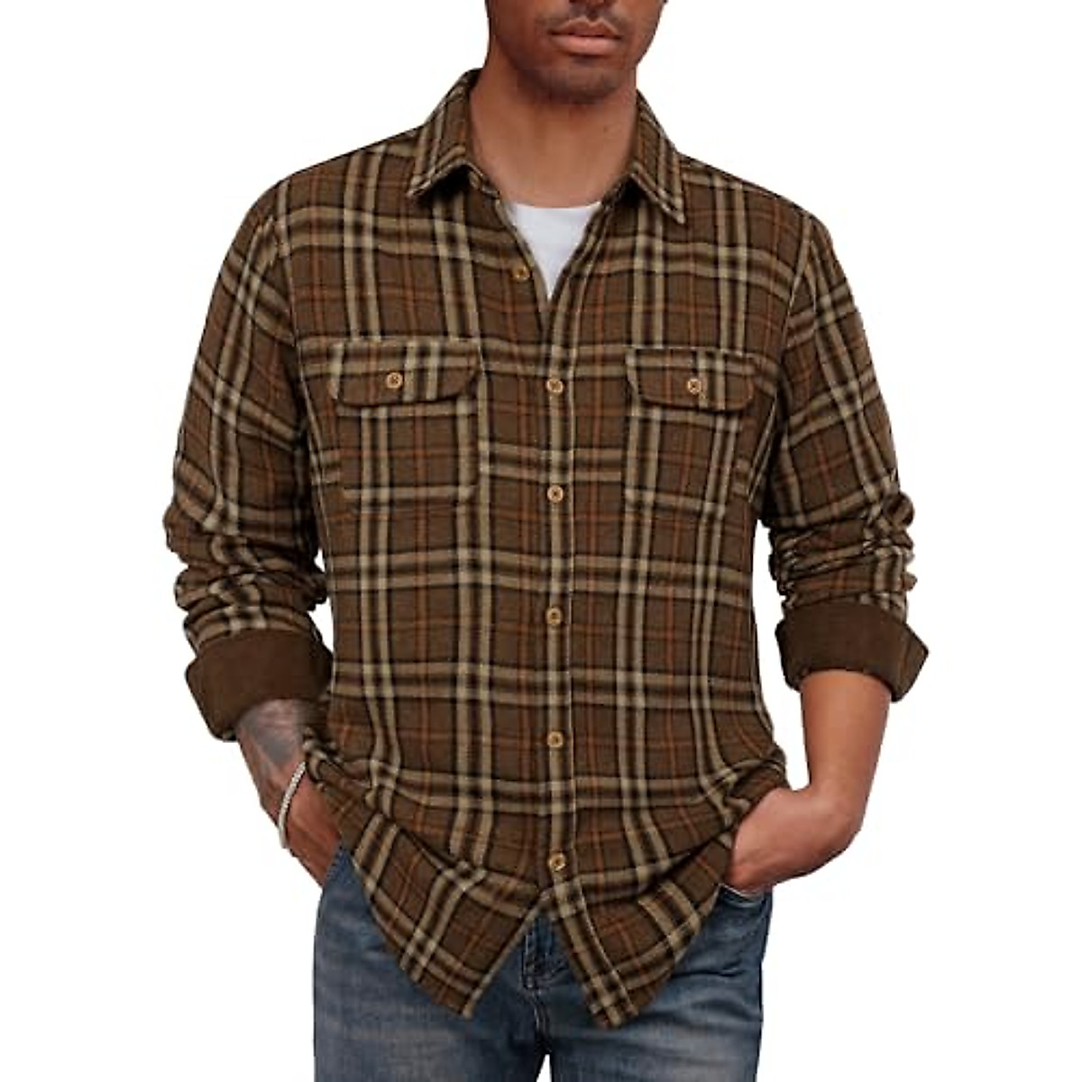 Mens Vintage Plaid Shacket Jacket Flannel Shirt for Men Button Down Shirt Jacket Tops Coffee