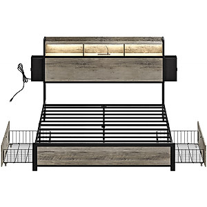HAUSOURCE Queen Bed Frame with Bookcase Headboard and 2 Drawers LED Lights Metal Platform Non-Slip Without Noise Strong Metal Slats Support No Box Spring Needed (Greige, Queen)