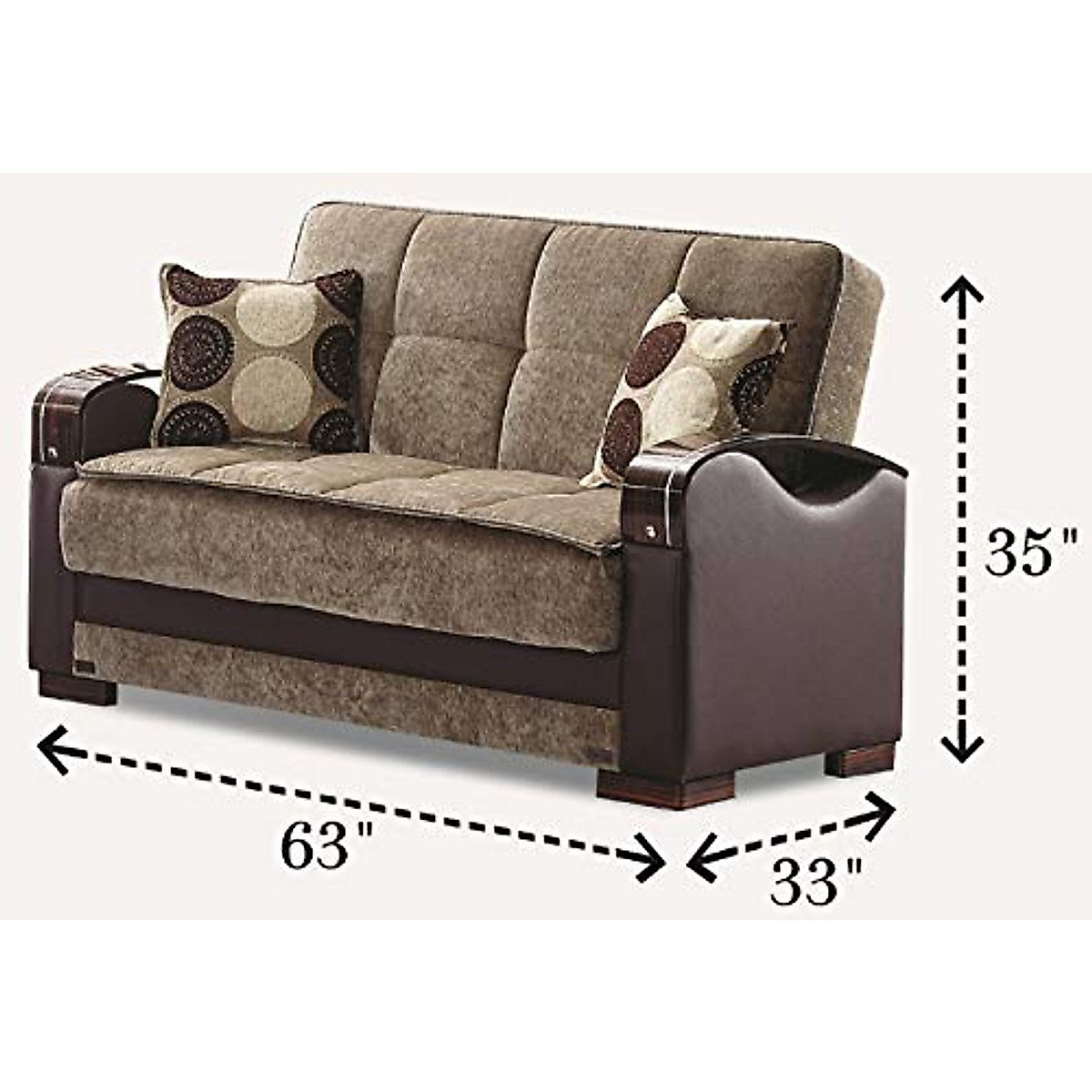 BEYAN Rochester Collection Upholstered Convertible Love Seat with Storage Space, Includes 2 Pillows, Dark Brown