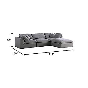 Meridian Furniture Serene Collection Modern | Contemporary Deluxe Comfort Modular Sectional, Soft Linen Textured Fabric, Down Cushions, 2 Corner + 1 Armless + 1 Ottoman, Grey