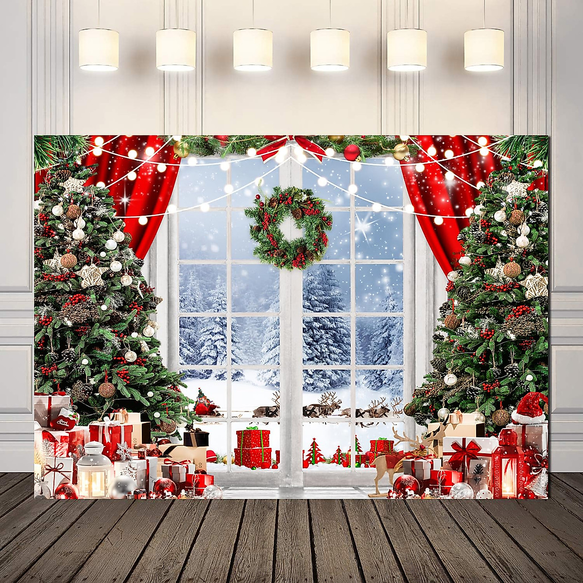 LYCGS 7X5ft Christmas Backdrop Winter Snow Scene Backdrop for Photography Christmas Window Background Xmas Tree & Party Decoration Banner X-171