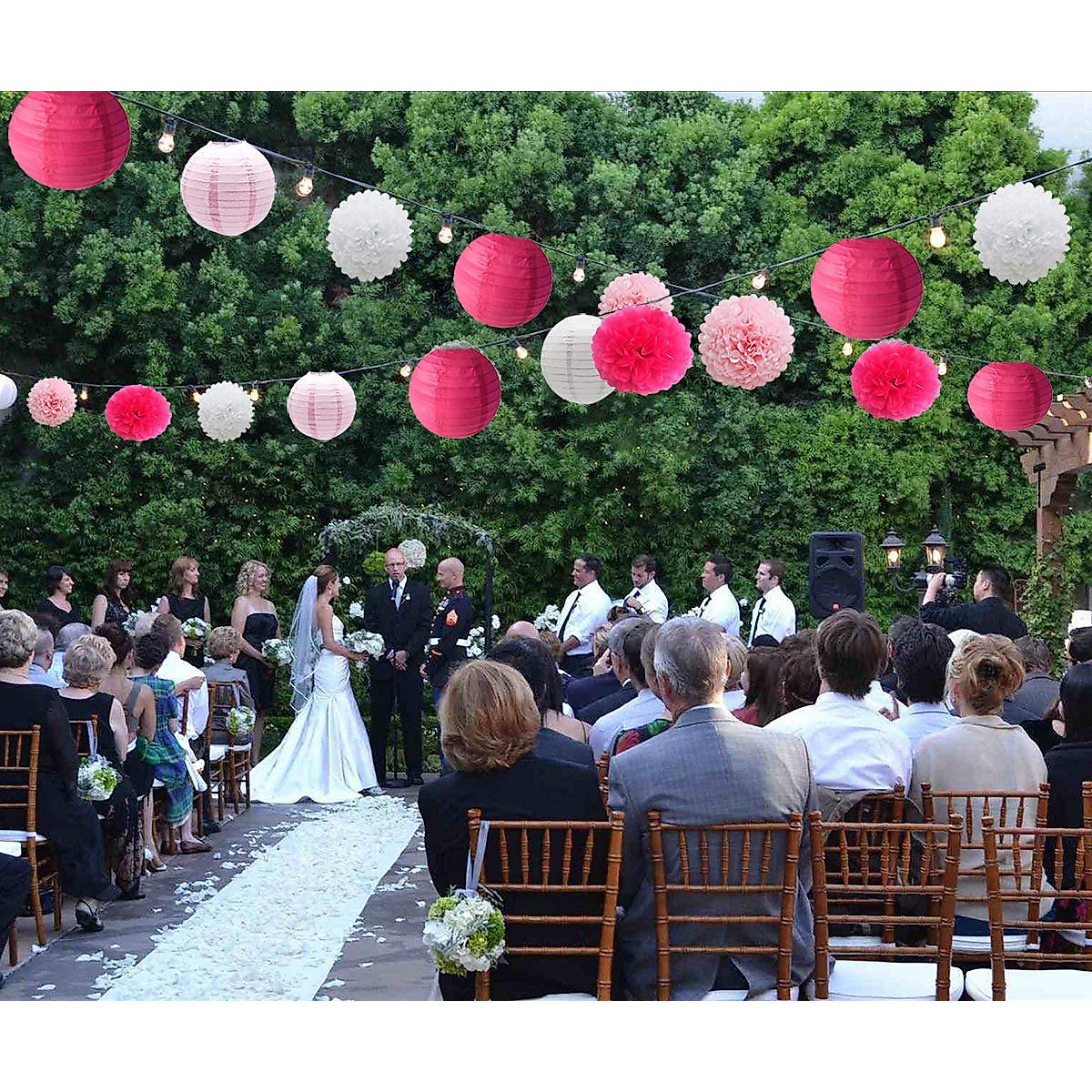 Celehappy Hanging Party Decorations Pom Tissue Paper Lantern for Weddings, Birthdays, Parties and Events Decorations, Hanging Paper Lantern Paper Tissue Flowers 10" 8" Set - Pink/White/Rose